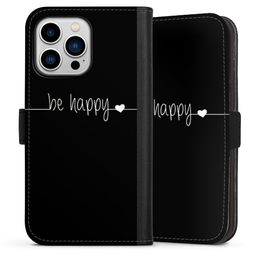 DeinDesign iPhone 13 Pro Handy Klapph&uuml;lle Handyh&uuml;lle aus Kunst Leder schwarz Flip Case Happiness Statement Sayings Sideflip mit Lasche