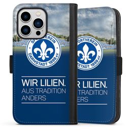 DeinDesign iPhone 13 Pro Handy Klapph&uuml;lle Handyh&uuml;lle aus Kunst Leder schwarz Flip Case Official Licensed Product Sv Darmstadt 98 Coat Of Arms Sideflip mit Lasche