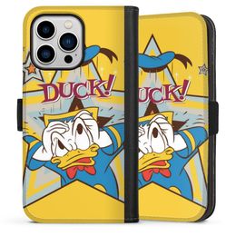 DeinDesign iPhone 13 Pro Handy Klapph&uuml;lle Handyh&uuml;lle aus Kunst Leder schwarz Flip Case Donald Duck Disney Official Licensed Product Sideflip mit Lasche