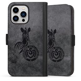 DeinDesign iPhone 13 Pro Handy Klapph&uuml;lle Handyh&uuml;lle aus Kunst Leder schwarz Flip Case Official Licensed Product Msv Duisburg Zebra Sideflip mit Lasche
