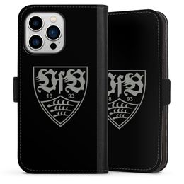 DeinDesign iPhone 13 Pro Handy Klapph&uuml;lle Handyh&uuml;lle aus Kunst Leder schwarz Flip Case Official Licensed Product Vfb Stuttgart Logo Sideflip mit Lasche
