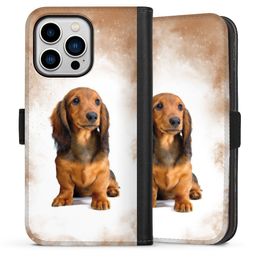 DeinDesign iPhone 13 Pro Handy Klapph&uuml;lle Handyh&uuml;lle aus Kunst Leder schwarz Flip Case Pet Dachshund Dog Sideflip mit Lasche