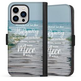 DeinDesign iPhone 13 Pro Handy Klapph&uuml;lle Handyh&uuml;lle aus Kunst Leder schwarz Flip Case Spruch Beach Statement Sideflip mit Lasche