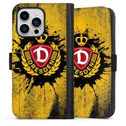 DeinDesign iPhone 13 Pro Handy Klapph&uuml;lle Handyh&uuml;lle aus Kunst Leder schwarz Flip Case Official Licensed Product Soccer Sg Dynamo Dresden Sideflip mit Lasche