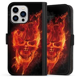 DeinDesign iPhone 13 Pro Handy Klapph&uuml;lle Handyh&uuml;lle aus Kunst Leder schwarz Flip Case Totenkopf Skull Fire Sideflip mit Lasche