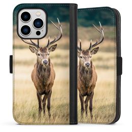 DeinDesign iPhone 13 Pro Handy Klapph&uuml;lle Handyh&uuml;lle aus Kunst Leder schwarz Flip Case Forrest Deer Meadow Sideflip mit Lasche