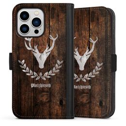 DeinDesign iPhone 13 Pro Handy Klapph&uuml;lle Handyh&uuml;lle aus Kunst Leder schwarz Flip Case Wooden Look Deer Wood Sideflip mit Lasche