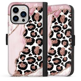 DeinDesign iPhone 13 Pro Handy Klapph&uuml;lle Handyh&uuml;lle aus Kunst Leder schwarz Flip Case Leopard Glitzer Marble Sideflip mit Lasche