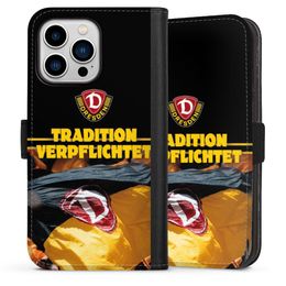 DeinDesign iPhone 13 Pro Handy Klapph&uuml;lle Handyh&uuml;lle aus Kunst Leder schwarz Flip Case Sgd Sg Dynamo Dresden Merchandise Sideflip mit Lasche