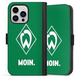 DeinDesign iPhone 13 Pro Handy Klapph&uuml;lle Handyh&uuml;lle aus Kunst Leder schwarz Flip Case Moin Official Licensed Product Sv Werder Bremen Sideflip mit Lasche