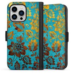 DeinDesign iPhone 13 Pro Handy Klapph&uuml;lle Handyh&uuml;lle aus Kunst Leder schwarz Flip Case Flowers Vintage Ornament Sideflip mit Lasche