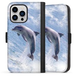 DeinDesign iPhone 13 Pro Handy Klapph&uuml;lle Handyh&uuml;lle aus Kunst Leder schwarz Flip Case Wale Ocean Dolphin Sideflip mit Lasche