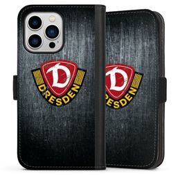 DeinDesign iPhone 13 Pro Handy Klapph&uuml;lle Handyh&uuml;lle aus Kunst Leder schwarz Flip Case Sgd Official Licensed Product Sg Dynamo Dresden Sideflip mit Lasche