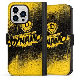 DeinDesign iPhone 13 Pro Handy Klapph&uuml;lle Handyh&uuml;lle aus Kunst Leder schwarz Flip Case Logo Official Licensed Product Sg Dynamo Dresden Sideflip mit Lasche