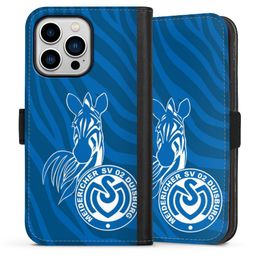 DeinDesign iPhone 13 Pro Handy Klapph&uuml;lle Handyh&uuml;lle aus Kunst Leder schwarz Flip Case Merchandise Msv Duisburg Zebra Sideflip mit Lasche