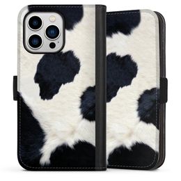 DeinDesign iPhone 13 Pro Handy Klapph&uuml;lle Handyh&uuml;lle aus Kunst Leder schwarz Flip Case Animal Look Animal Print Cow Skin Sideflip mit Lasche