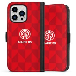 DeinDesign iPhone 13 Pro Handy Klapph&uuml;lle Handyh&uuml;lle aus Kunst Leder schwarz Flip Case Mainz 05 Official Licensed Product Merchandise Sideflip mit Lasche