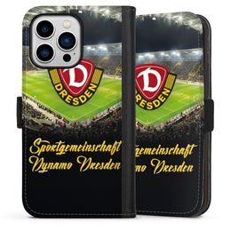 DeinDesign iPhone 13 Pro Handy Klapph&uuml;lle Handyh&uuml;lle aus Kunst Leder schwarz Flip Case Sg Dynamo Dresden Sgd Official Licensed Product Sideflip mit Lasche