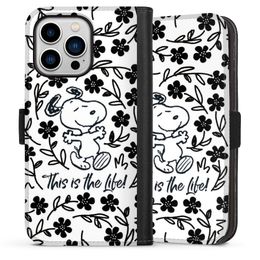DeinDesign iPhone 13 Pro Handy Klapph&uuml;lle Handyh&uuml;lle aus Kunst Leder schwarz Flip Case Peanuts Flowers Snoopy Sideflip mit Lasche