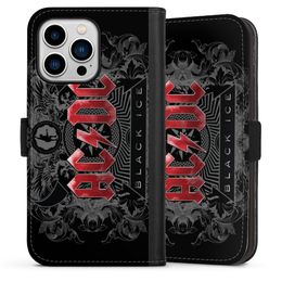 DeinDesign iPhone 13 Pro Handy Klapph&uuml;lle Handyh&uuml;lle aus Kunst Leder schwarz Flip Case Merchandise Black Ice Acdc Sideflip mit Lasche