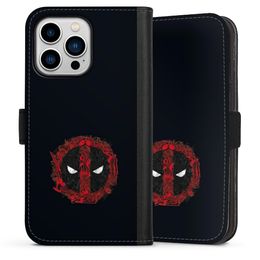 DeinDesign iPhone 13 Pro Handy Klapph&uuml;lle Handyh&uuml;lle aus Kunst Leder schwarz Flip Case Logo Marvel Deadpool Sideflip mit Lasche