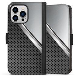 DeinDesign iPhone 13 Pro Handy Klapph&uuml;lle Handyh&uuml;lle aus Kunst Leder schwarz Flip Case Steel Metall Carbon Sideflip mit Lasche