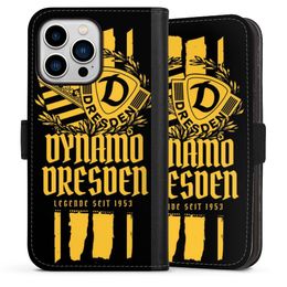 DeinDesign iPhone 13 Pro Handy Klapph&uuml;lle Handyh&uuml;lle aus Kunst Leder schwarz Flip Case Sg Dynamo Dresden Statement Sgd Sideflip mit Lasche