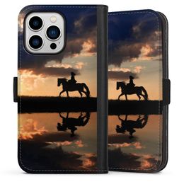 DeinDesign iPhone 13 Pro Handy Klapph&uuml;lle Handyh&uuml;lle aus Kunst Leder schwarz Flip Case Sunset Horseback Riding Horse Sideflip mit Lasche