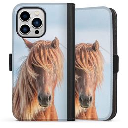 DeinDesign iPhone 13 Pro Handy Klapph&uuml;lle Handyh&uuml;lle aus Kunst Leder schwarz Flip Case Animals Animal Look Horse Sideflip mit Lasche