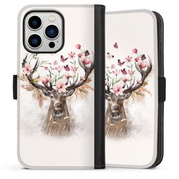 DeinDesign iPhone 13 Pro Handy Klapph&uuml;lle Handyh&uuml;lle aus Kunst Leder schwarz Flip Case Deer Flowers Animals Sideflip mit Lasche