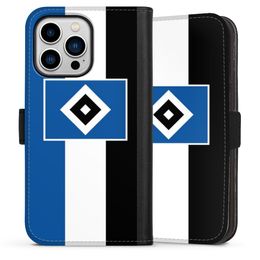 DeinDesign iPhone 13 Pro Handy Klapph&uuml;lle Handyh&uuml;lle aus Kunst Leder schwarz Flip Case Stripes Hamburger Sv Hsv Sideflip mit Lasche