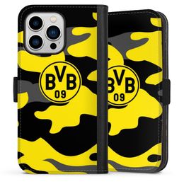 DeinDesign iPhone 13 Pro Handy Klapph&uuml;lle Handyh&uuml;lle aus Kunst Leder schwarz Flip Case Borussia Dortmund Merchandise Bvb Sideflip mit Lasche