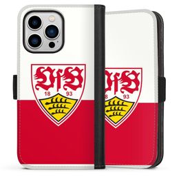 DeinDesign iPhone 13 Pro Handy Klapph&uuml;lle Handyh&uuml;lle aus Kunst Leder schwarz Flip Case Vfb Stuttgart Logo Official Licensed Product Sideflip mit Lasche
