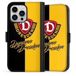 DeinDesign iPhone 13 Pro Handy Klapph&uuml;lle Handyh&uuml;lle aus Kunst Leder schwarz Flip Case Sg Dynamo Dresden Official Licensed Product Sgd Sideflip mit Lasche