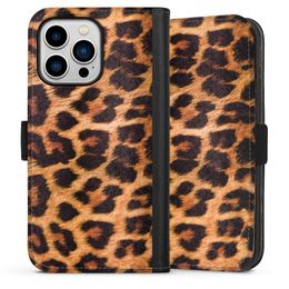 DeinDesign iPhone 13 Pro Handy Klapph&uuml;lle Handyh&uuml;lle aus Kunst Leder schwarz Flip Case Animal Print Leopard Fur Sideflip mit Lasche