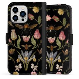DeinDesign iPhone 13 Pro Handy Klapph&uuml;lle Handyh&uuml;lle aus Kunst Leder schwarz Flip Case Flower Wreath Bee Blossom Sideflip mit Lasche