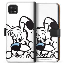 DeinDesign Galaxy A22 5G Handy Klapph&uuml;lle Handyh&uuml;lle aus Kunst Leder schwarz Flip Case Official Licensed Product Comic Idefix Sideflip mit langer Lasche