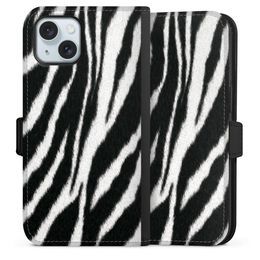 DeinDesign iPhone 15 Handy Klapph&uuml;lle Handyh&uuml;lle aus Kunst Leder schwarz Flip Case Fur Muster Zebra Sideflip mit Lasche