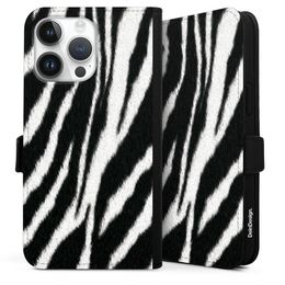 DeinDesign iPhone 14 Pro Max Handy Klapph&uuml;lle Handyh&uuml;lle aus Kunst Leder schwarz Flip Case Fur Muster Zebra Sideflip mit Lasche
