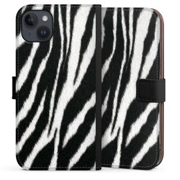 DeinDesign iPhone 14 Plus Handy Klapph&uuml;lle Handyh&uuml;lle aus Kunst Leder schwarz Flip Case Fur Muster Zebra Sideflip mit langer Lasche