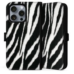 DeinDesign iPhone 16 Pro Max Handy Klapph&uuml;lle Handyh&uuml;lle aus Kunst Leder schwarz Flip Case Fur Muster Zebra Sideflip mit Lasche