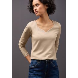 Langarmshirt Street One, Damen, Gr. 46, sanded beige, Jersey, Obermaterial: 95% Baumwolle, 5% Elasthan. Futter: 95% Baumwolle, 5% Elasthan, unifarben, figurbetont h&uuml;ftbedeckend, herzf&ouml;rmiger Ausschnitt, Shirts Langarmshirt, mit Herzausschnitt