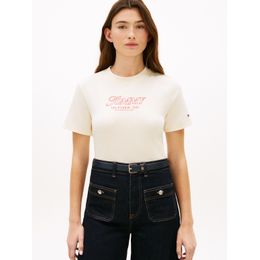 Kurzarmshirt Tommy Hilfiger "TILT GRAPHIC REG C-NK SS TEE", Damen, Gr. XS (34), calico, Single Jersey, Obermaterial: 100% Baumwolle, bedruckt, unifarben, normal, Rundhals, Shirts, mit gro&szlig;em Logo-Print