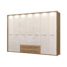 Kleiderschrank OTTO HOME "Gala, beige hochgl&auml;nzend UV lackiert, kratzfest, FSC-zertifiziert", beige (beige, pacific walnut), B:317cm H:224cm T:56cm, MDF, Spanplatte, Schr&auml;nke, Kleiderschrank, mit Beleuchtung und Passpartourahmen, hoher Schrank (224cm), 4 Breiten