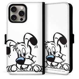 DeinDesign iPhone 16 Pro Handy Klapph&uuml;lle Handyh&uuml;lle aus Kunst Leder schwarz Flip Case Idefix Official Licensed Product Comic Sideflip mit Lasche
