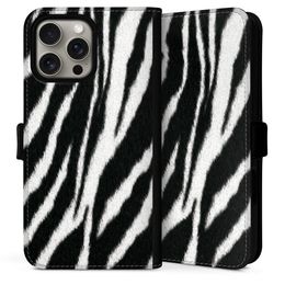 DeinDesign iPhone 16 Pro Handy Klapph&uuml;lle Handyh&uuml;lle aus Kunst Leder schwarz Flip Case Fur Muster Zebra Sideflip mit Lasche