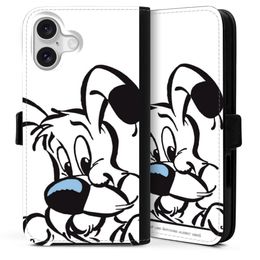 DeinDesign iPhone 16 Plus Handy Klapph&uuml;lle Handyh&uuml;lle aus Kunst Leder schwarz Flip Case Idefix Official Licensed Product Comic Sideflip mit Lasche