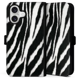 DeinDesign iPhone 16 Handy Klapph&uuml;lle Handyh&uuml;lle aus Kunst Leder schwarz Flip Case Fur Muster Zebra Sideflip mit Lasche