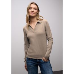 Langarm-Poloshirt Street One, Damen, Gr. 36, light terra mocha meliert, Jersey, Obermaterial: 96% Baumwolle, 4% Elasthan, unifarben, tailliert h&uuml;ftbedeckend, V-Ausschnitt, Shirts, in Melange-Optik und mit Ripp-Struktur