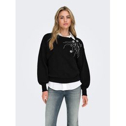 Sweatshirt Only "ONLCAMELA BROOKE GLITTER LS ONECK UB SWT", Damen, Gr. M, schwarz detail:chest deco, Sweatware, Obermaterial: 60% Baumwolle, 40% Polyester, unifarben, regular fit normal, Rundhals, Sweatshirts Sweatshirt, Baumwollmischung, regular fit, Rundhals